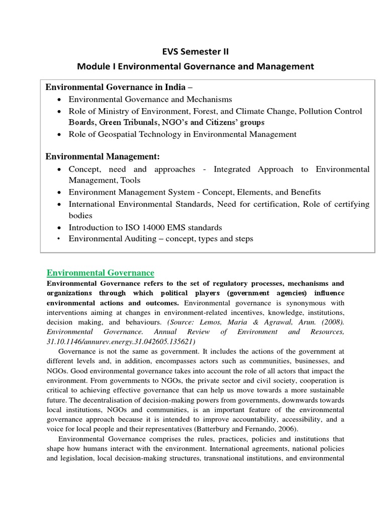 EVS Semester II Module I Environmental Governance and Management | PDF | Life Cycle Assessment ...