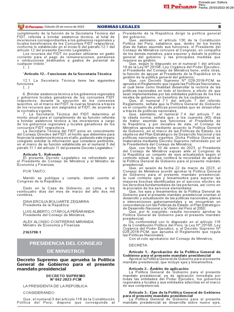 Decreto Supremo Que Aprueba La Politica General de Gobierno Decreto Supremo N 042 2023 PCM ...