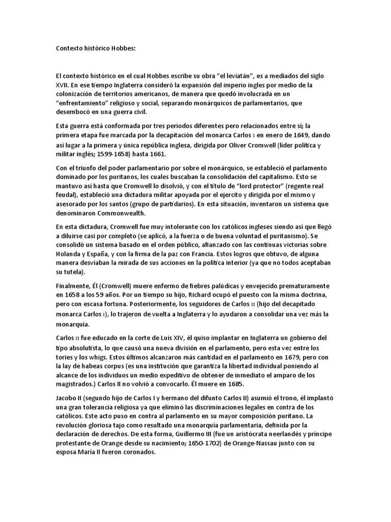 Contexto Histórico Hobbes | PDF | Oliver Cromwell