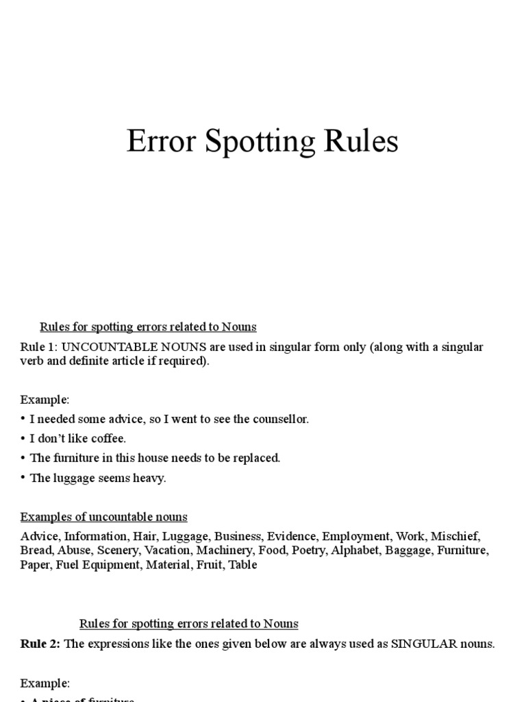 Error Spotting Rules | PDF | Grammatical Number | Plural
