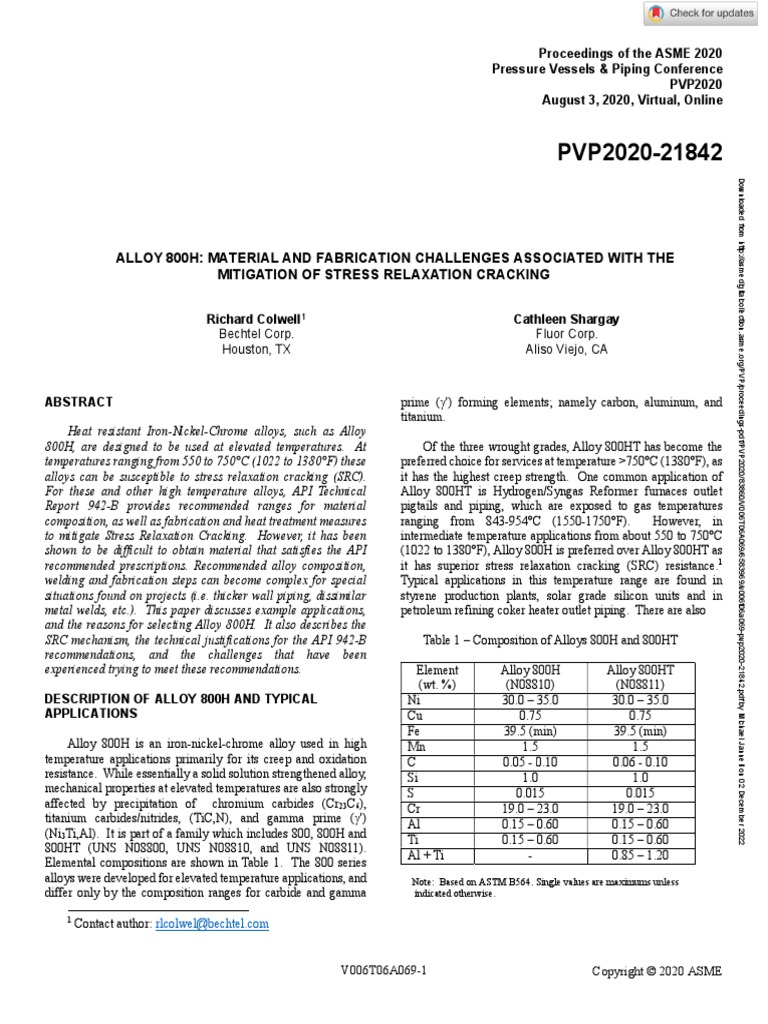 Alloy 800H Material and Fabrication Challenges Associated With The ...