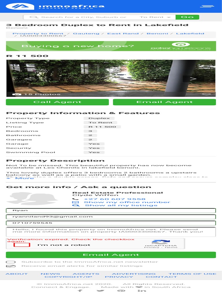 3 Bedroom Duplex To Rent in Lakefield Benoni - South Africa ...