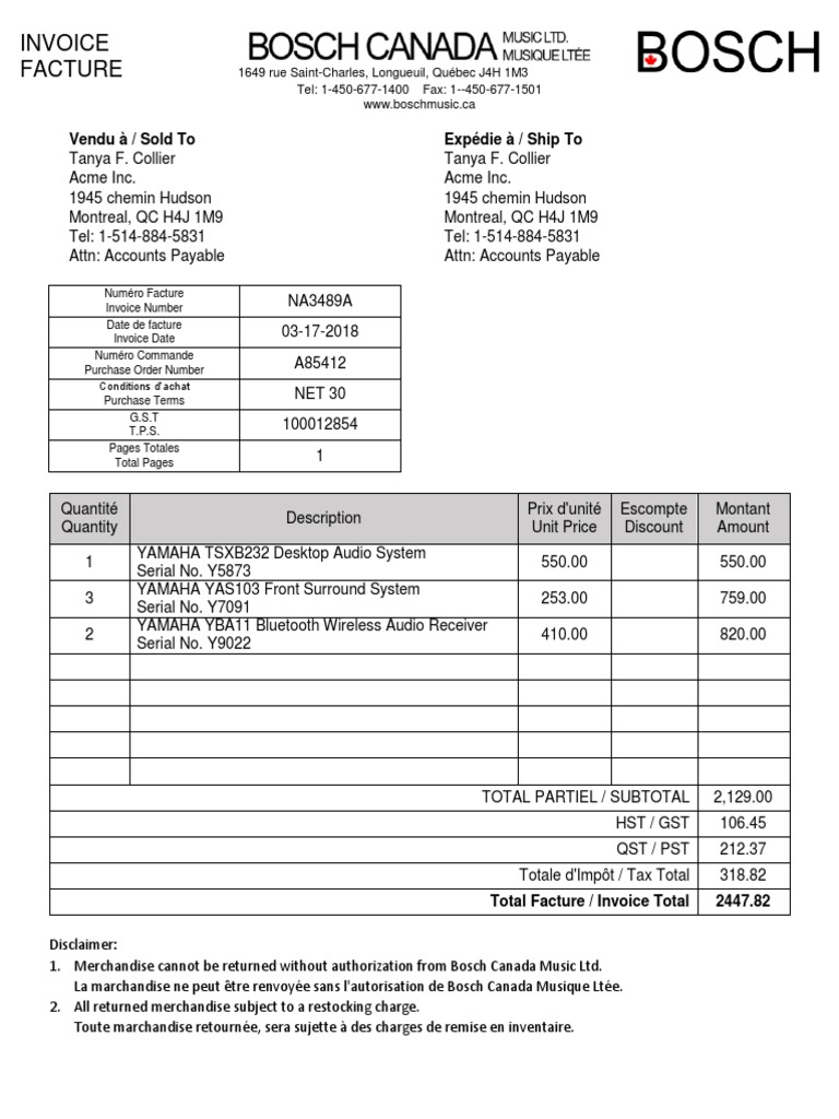 Bosch - Invoice - NA3489A | PDF