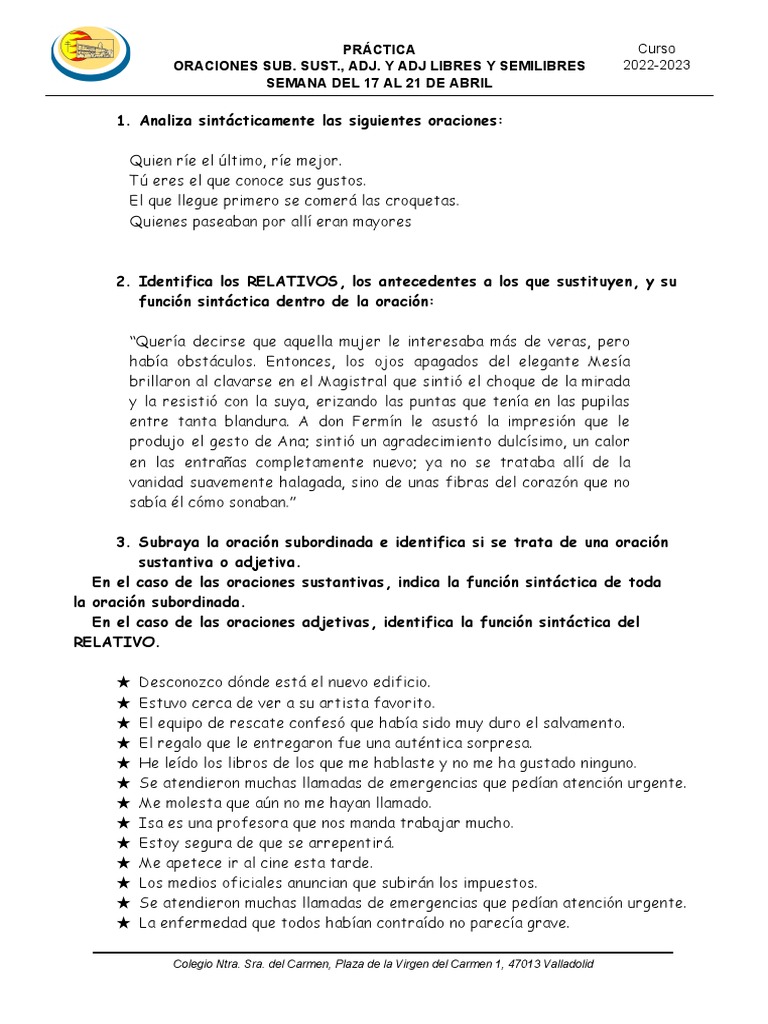 Práctica Oraciones Sub. Sust., Adj. Y Adj Libres Y Semilibres Semana Del 17 Al 21 de Abril | PDF