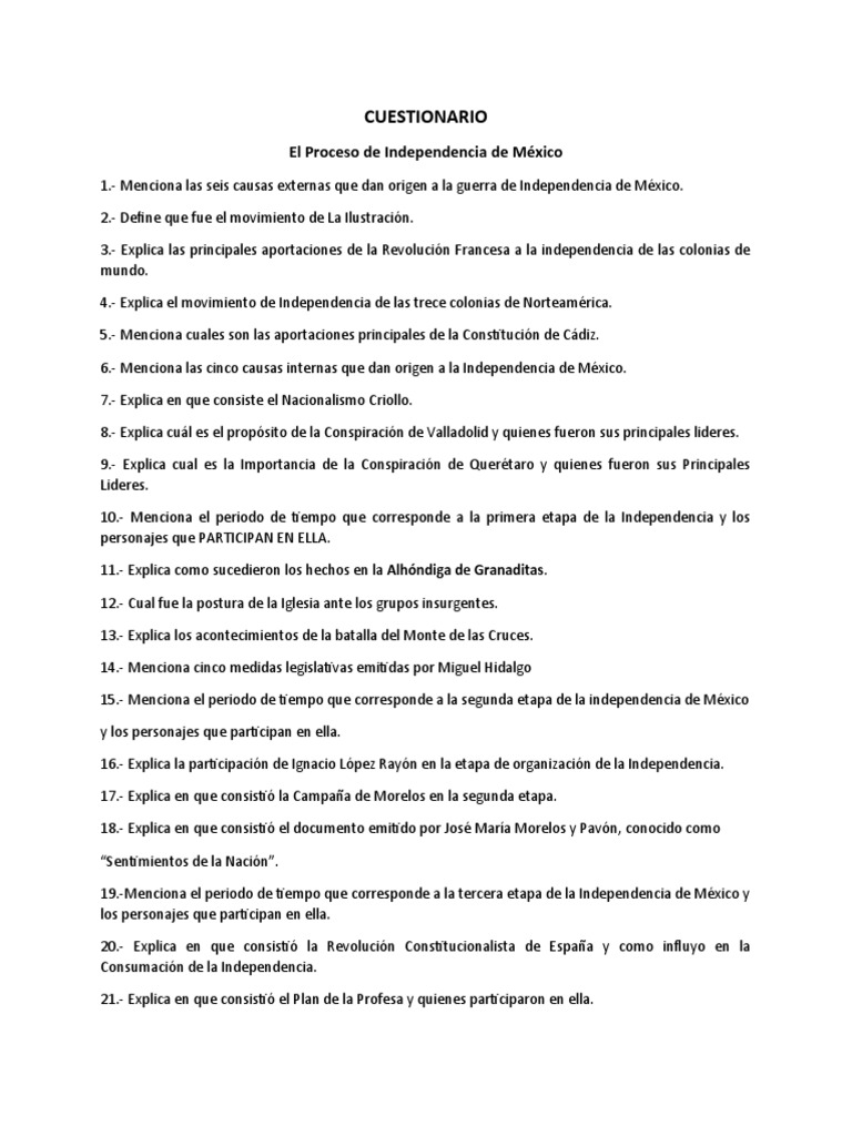 CUESTIONARIO: La Independencia de México. | PDF