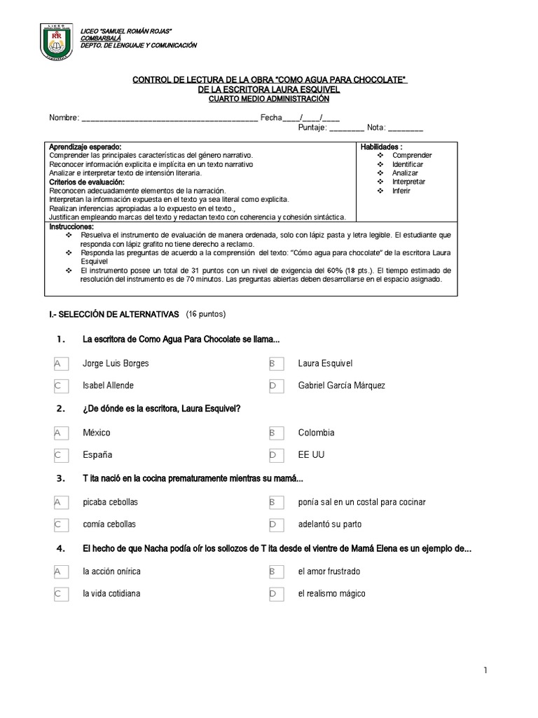Control Como Agua para Chocolate 4ADM | PDF