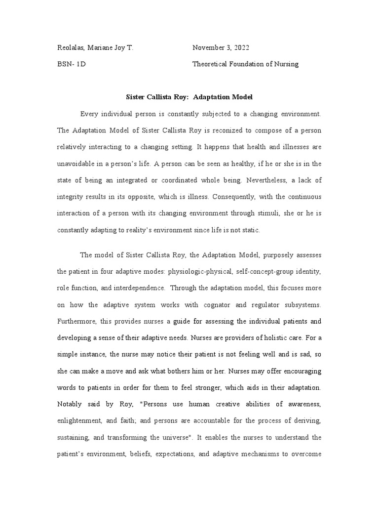 Nursing Models: Adaptation & Behavior | PDF | System | Nursing