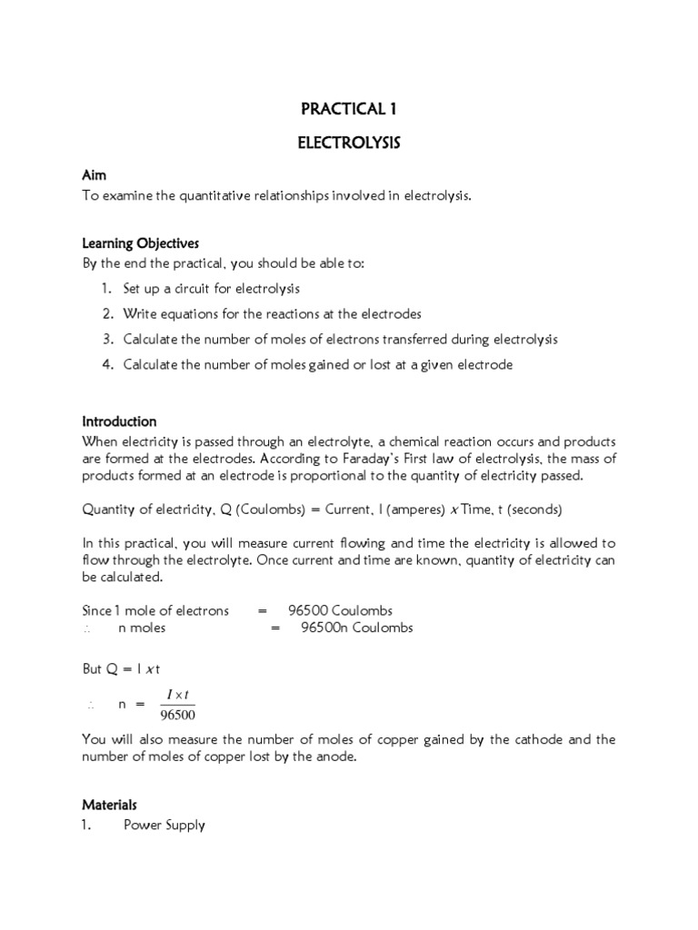 Practical 1 Electrolysis | PDF | Electrochemistry | Redox