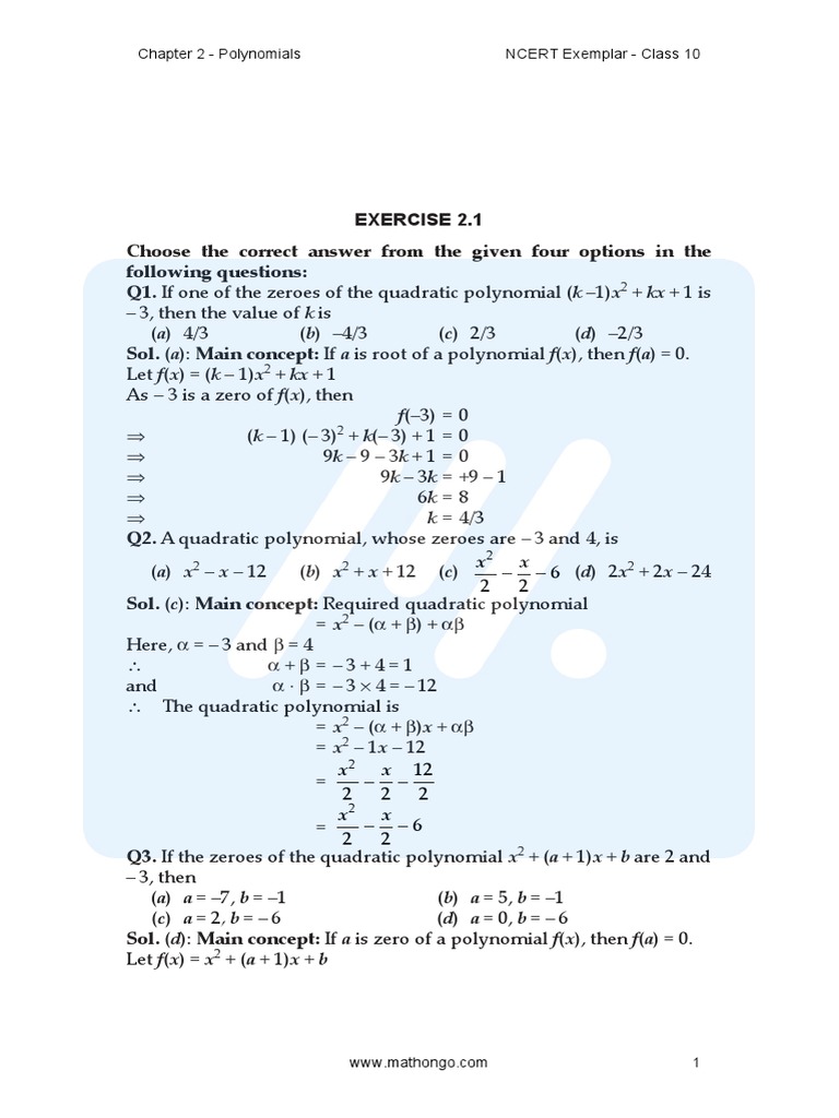 Chapter 2 - Polynomials NCERT Exemplar - Class 10 | PDF | Factorization | Division (Mathematics)