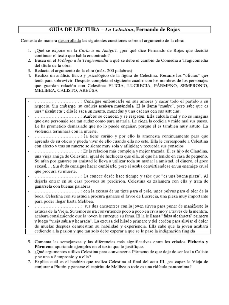 GUÍA DE LECTURA - La Celestina, Fernando de Rojas: Pármeno, Aportando ...