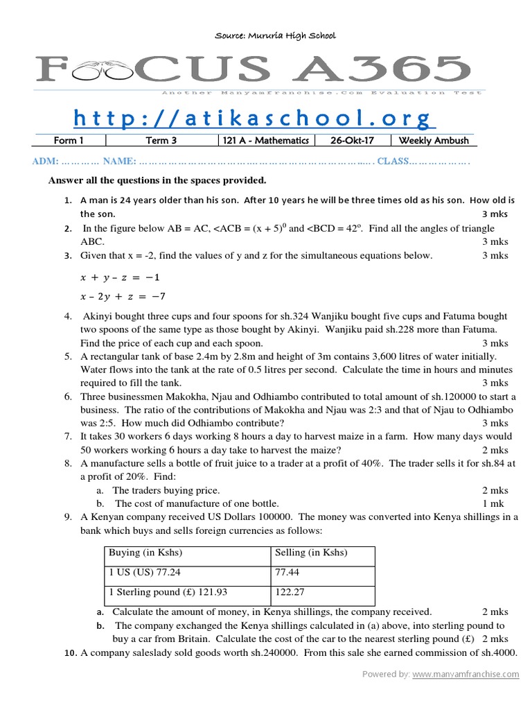 Answer All The Questions in The Spaces Provided.: Source: Mururia High ...