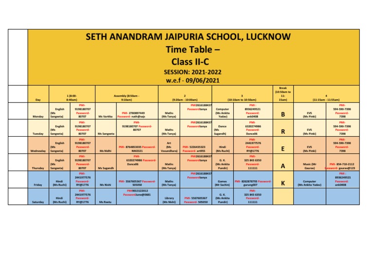 Seth Anandram Jaipuria School, Lucknow Time Table - Class II-C | PDF