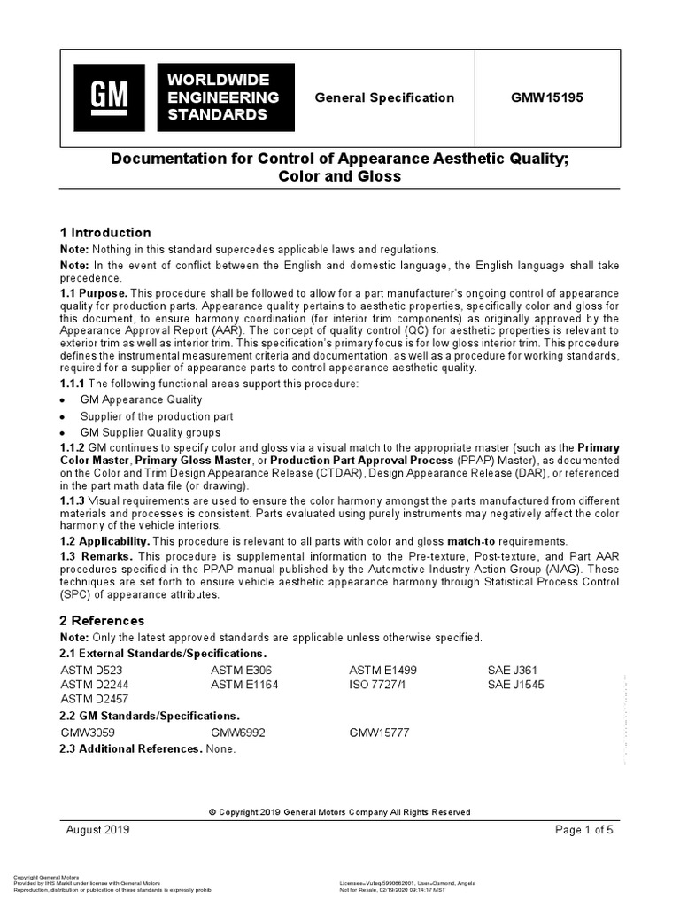 GMW15195 - Aug2019 - Documentation For Control of Appearance Aesthetic ...