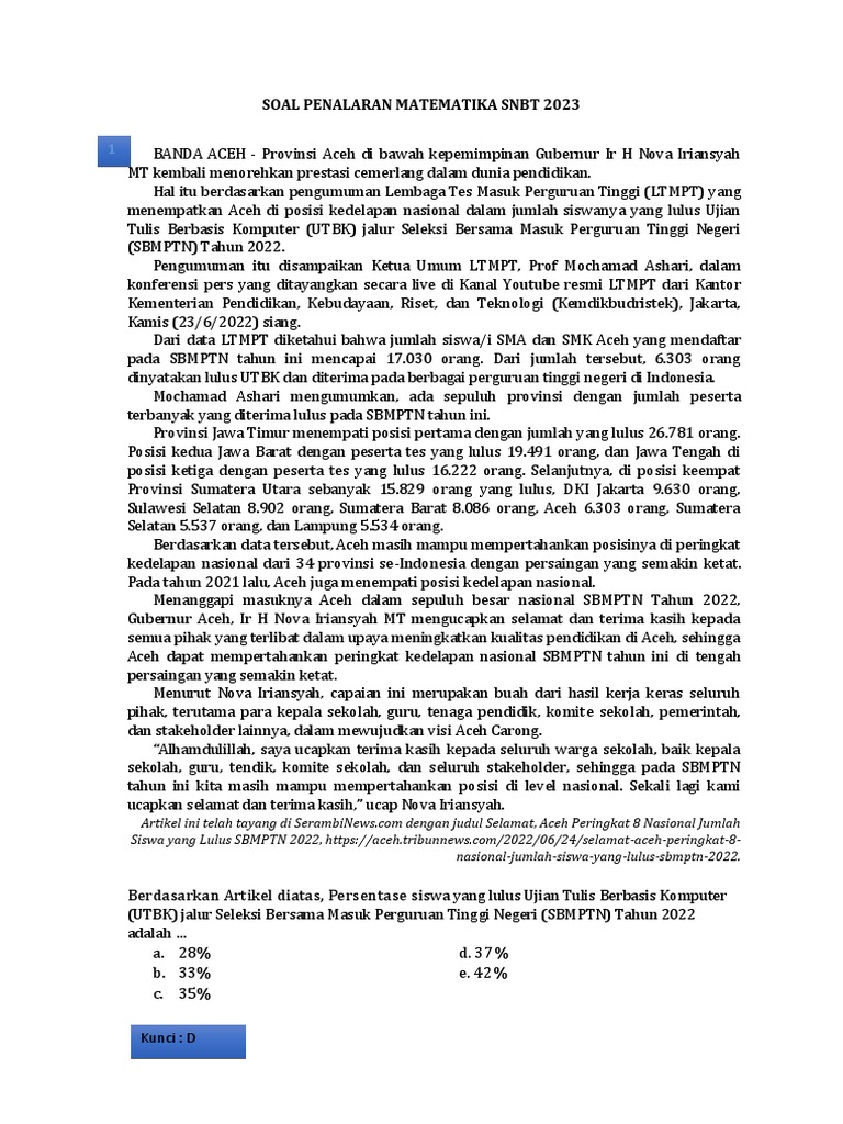 Kumpulan Soal PENALARAN MATEMATIKA SNBT 2023 | PDF