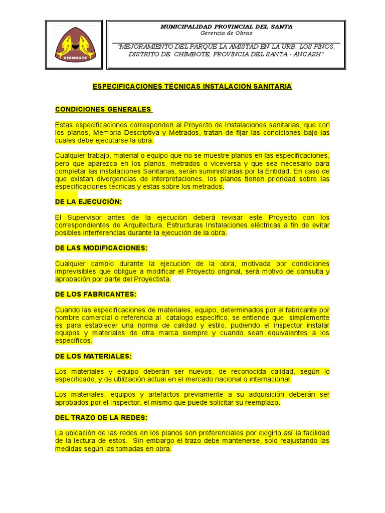 Especificaciones Tecnicas Instalaciones Sanitarias | PDF | Tubería (transporte de fluidos ...