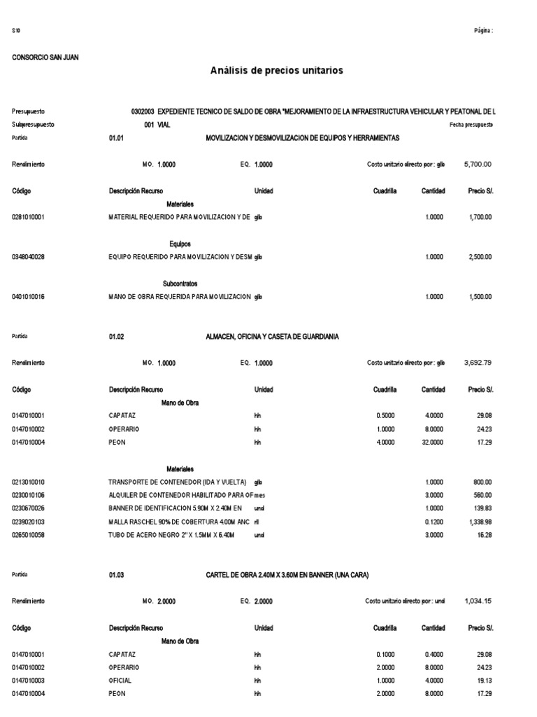 Análisis de Precios Unitarios: Página | PDF
