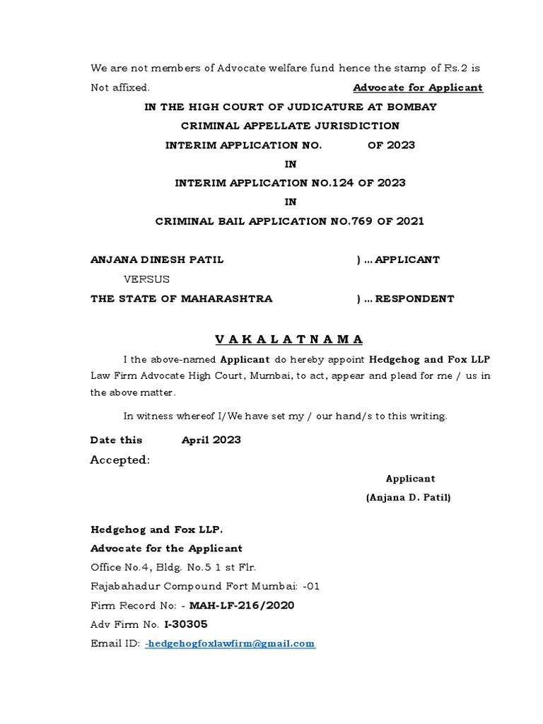 Applicant Vakalatnama for Interim Application | PDF