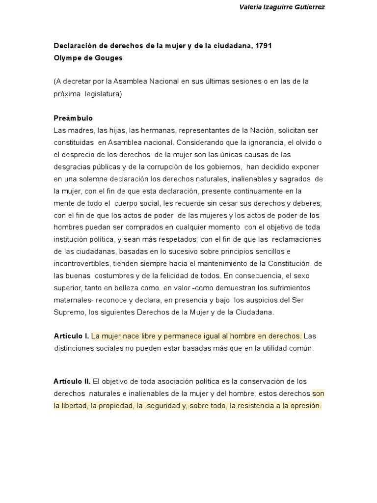 Declaración de Derechos de La Mujer y de La Ciudadana, 1791 Olympe de Gouges | PDF | Justicia ...
