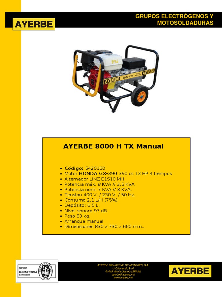 AYERBE 8000 H TX Manual: Grupos Electrógenos Y Motosoldaduras | PDF