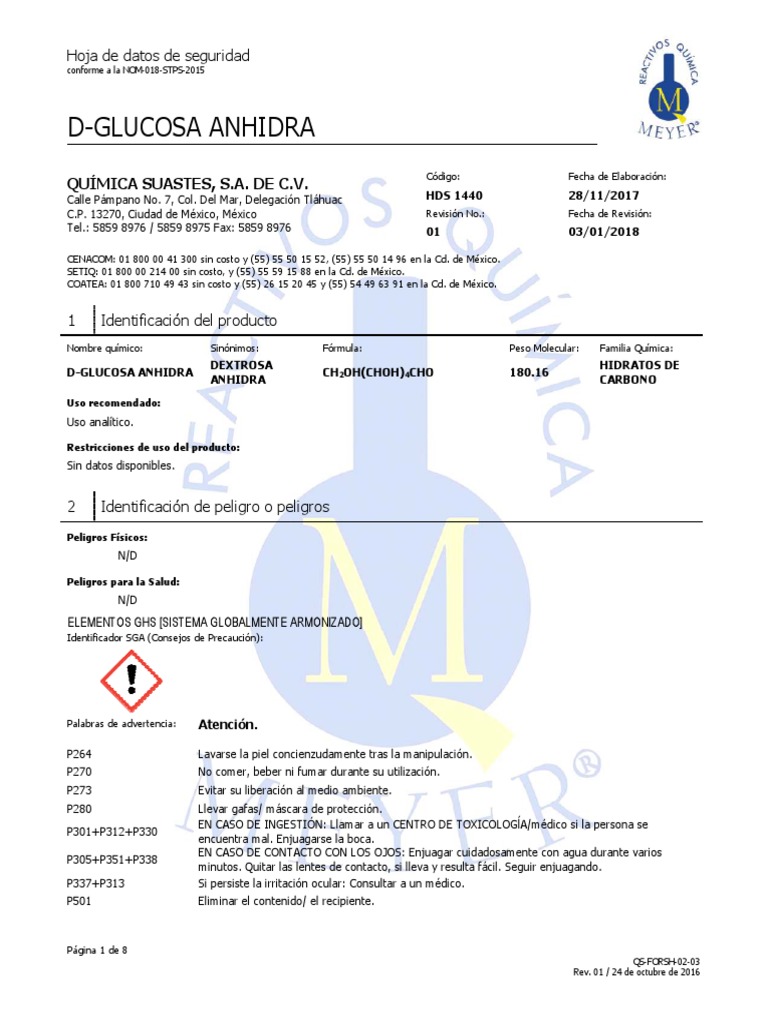 Hoja de Seguridad D-Glucosa Anhidra | PDF | Residuos | Reciclaje