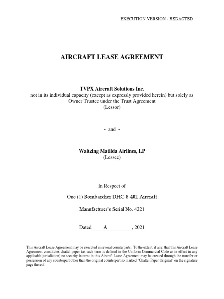 Aircraft Lease Agreement: TVPX Aircraft Solutions Inc | PDF | Lease | Lien