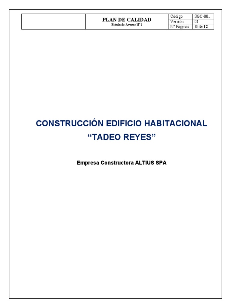 Plan Calidad Edificio Tadeo Reyes | PDF | Calidad (comercial) | Sistema de manejo de calidad