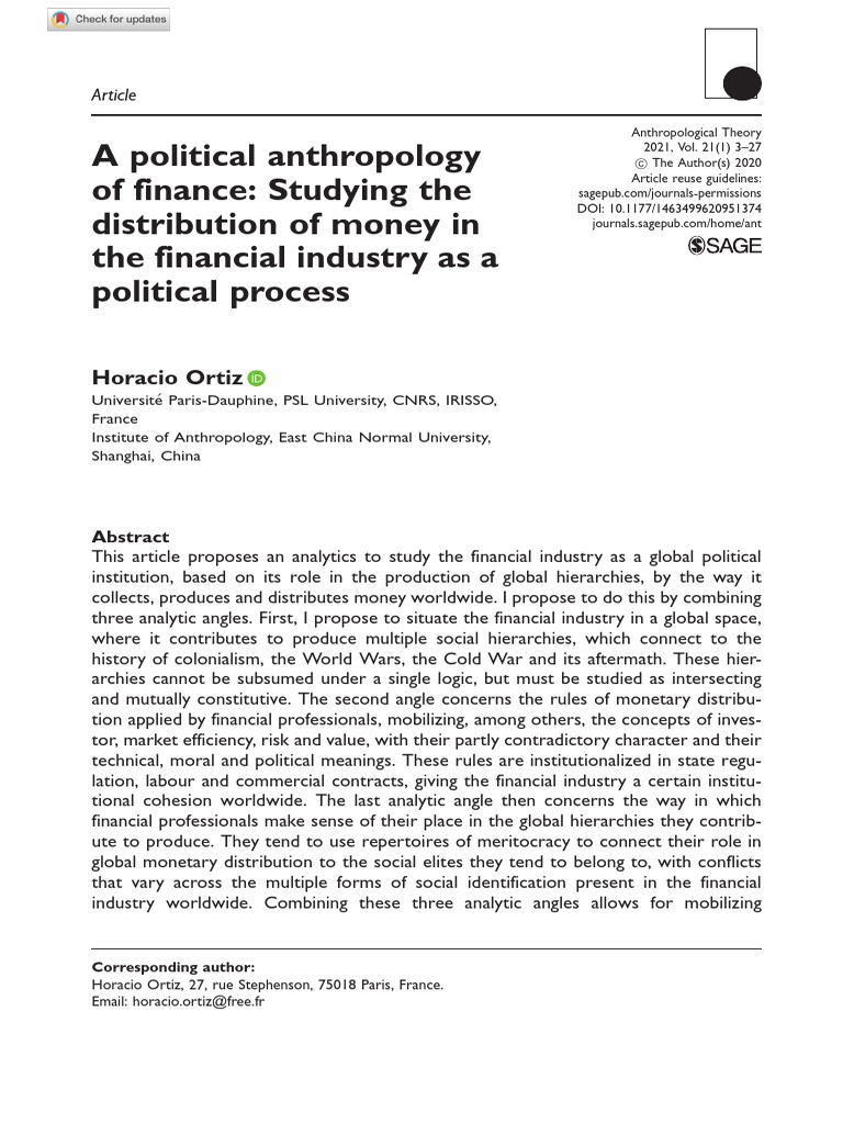 A Political Anthropology of Finance: Studying The Distribution of Money ...