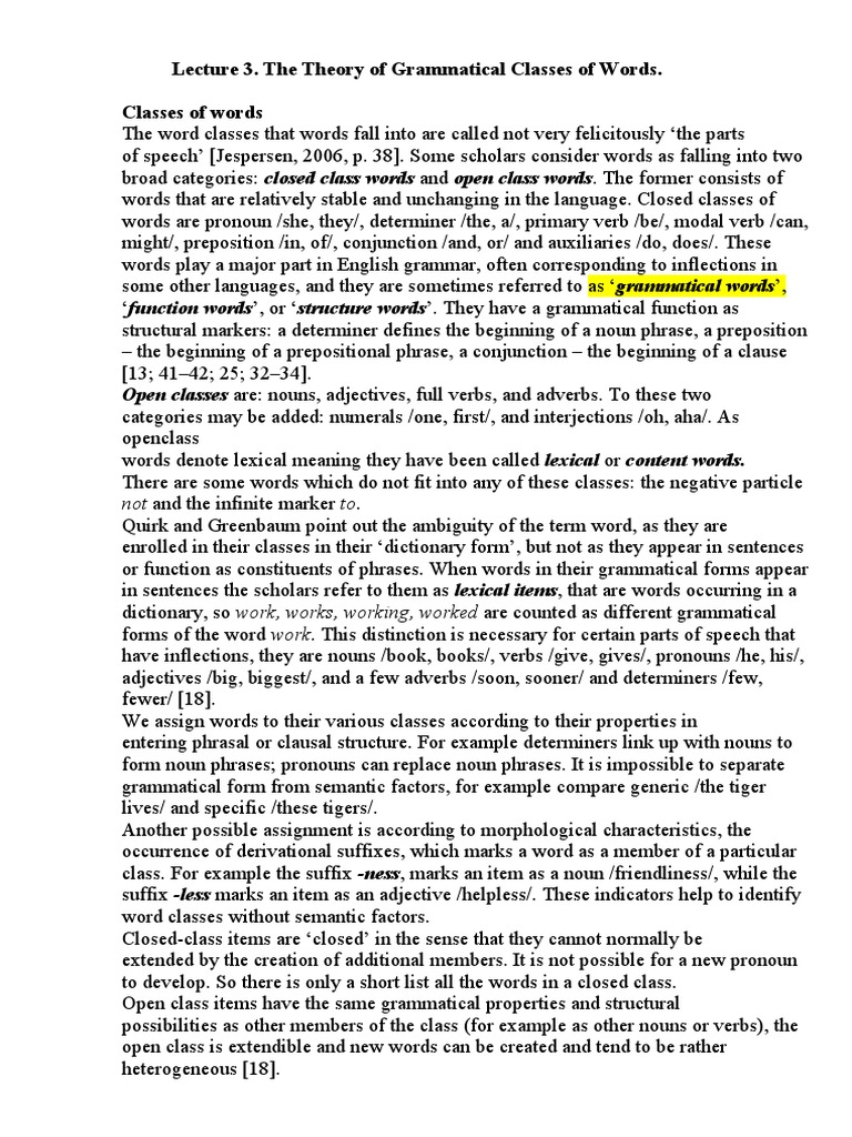 Lecture 3. The Theory of Grammatical Classes of Words. Classes of Words | PDF | Part Of Speech ...