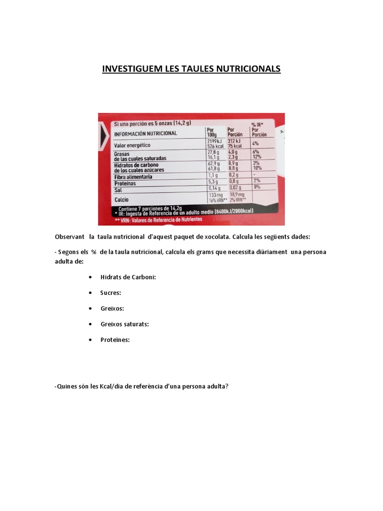 Activitat 2. Investiguem Taules Nutricionals | PDF