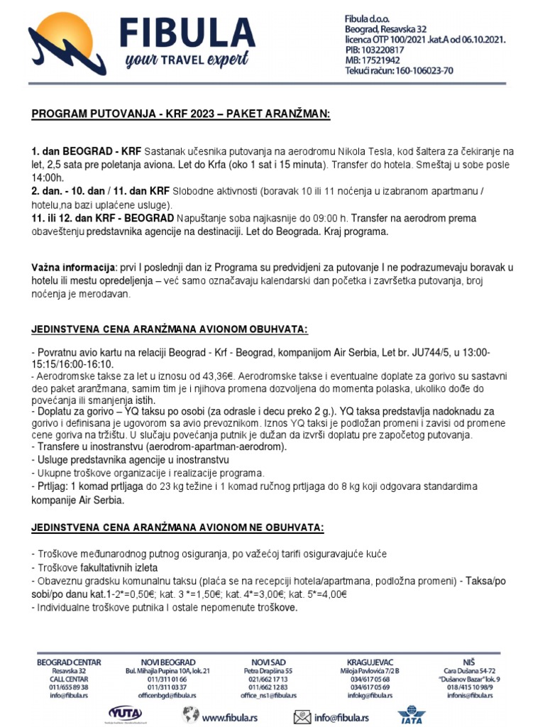 Program Putovanja - KRF 2023 - Paket Aranžman | PDF