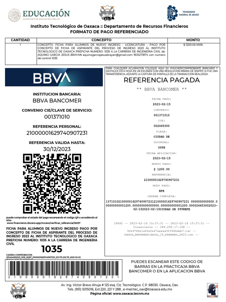Referencia Pagada: Bbva Bancomer 001371010 21000001629740907231 30/12/2023 | PDF