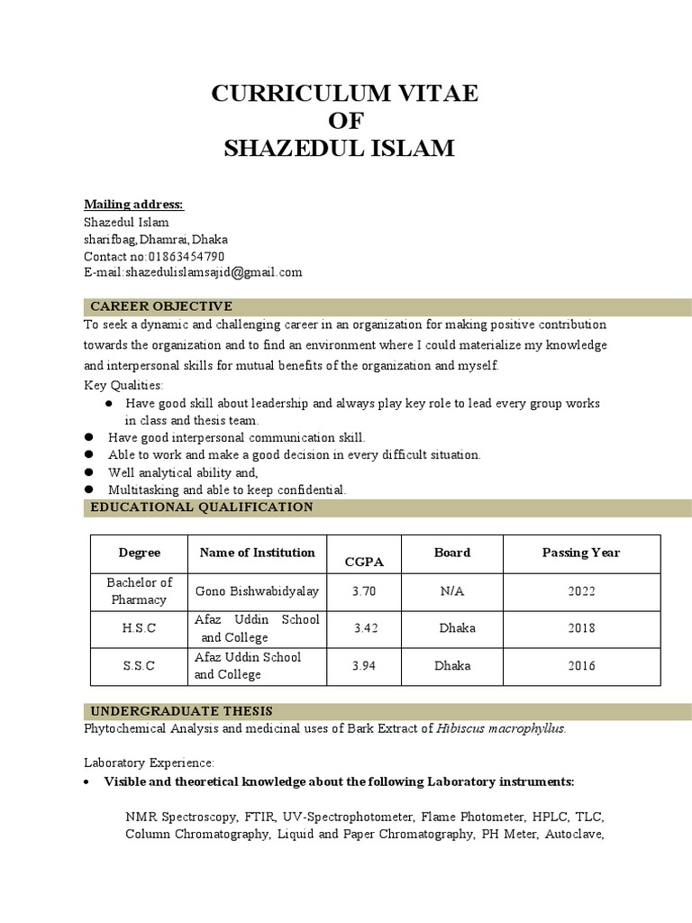 Curriculum Vitae OF Shazedul Islam: Mailing Address | PDF | Bangladesh ...