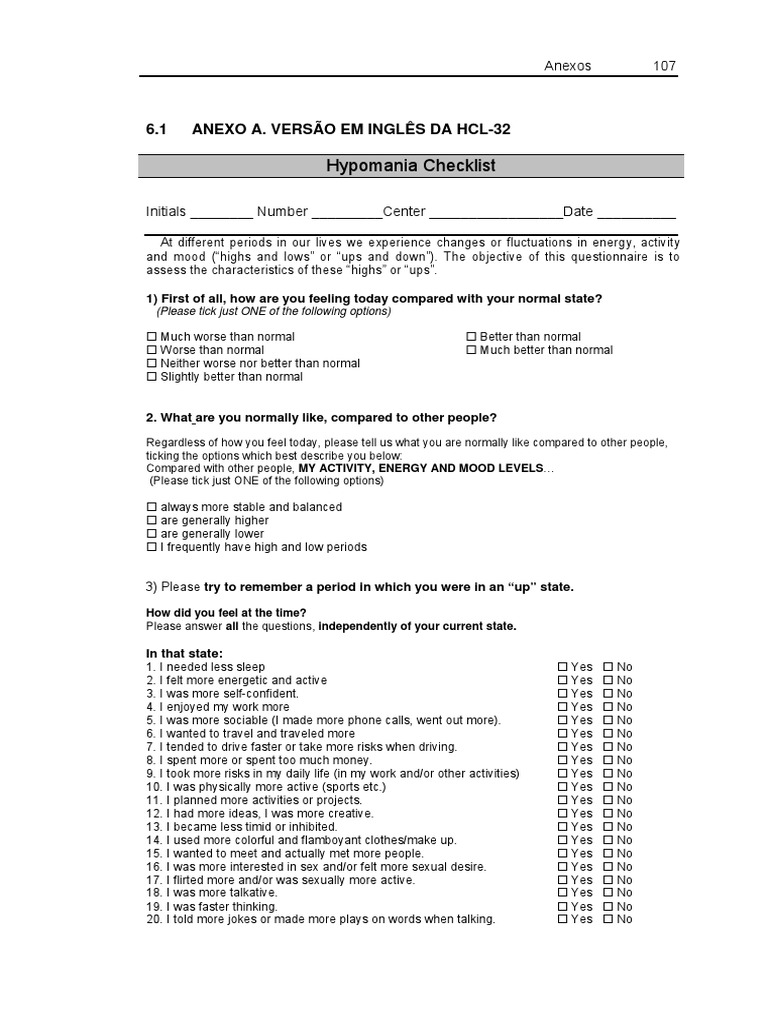 Escala de Auto-Avaliação de Hipomania - HCL-32 | PDF