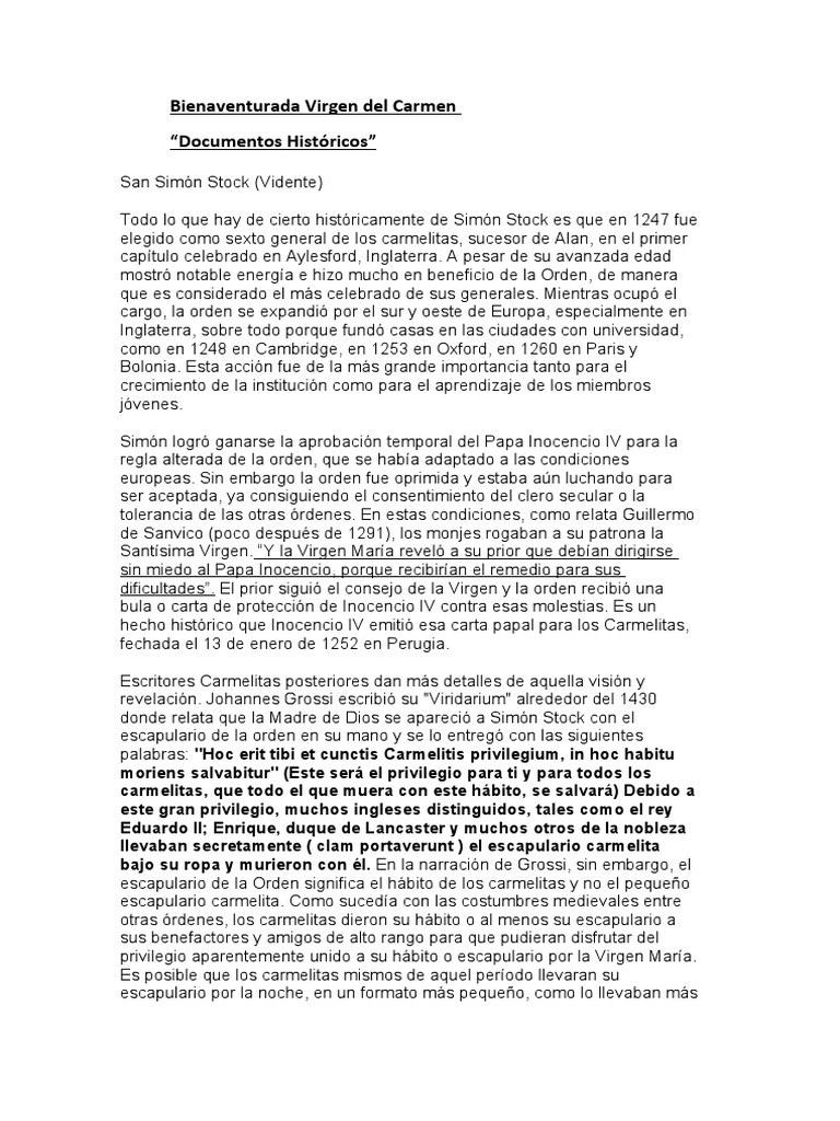 Bienaventurada Virgen Del Carmen "Documentos Históricos" | PDF | Iglesia Católica | Órdenes y ...