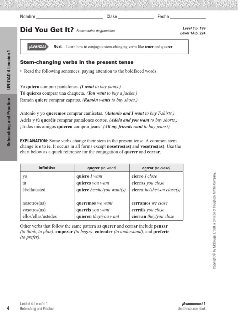 Did You Get It?: Stem-Changing Verbs in The Present Tense | Download ...