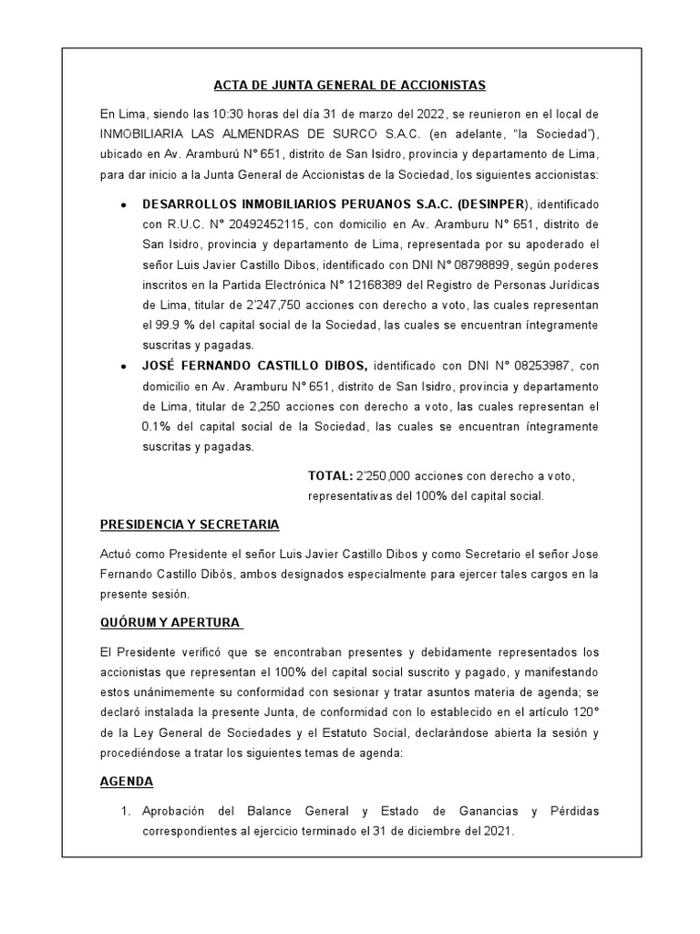 Acta de Junta General de Accionistas | PDF | Lima | Gobierno