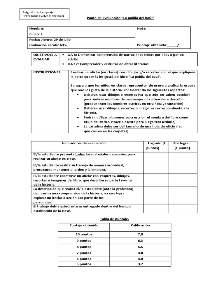 Evaluación Infantil: La Polilla del Baúl | PDF