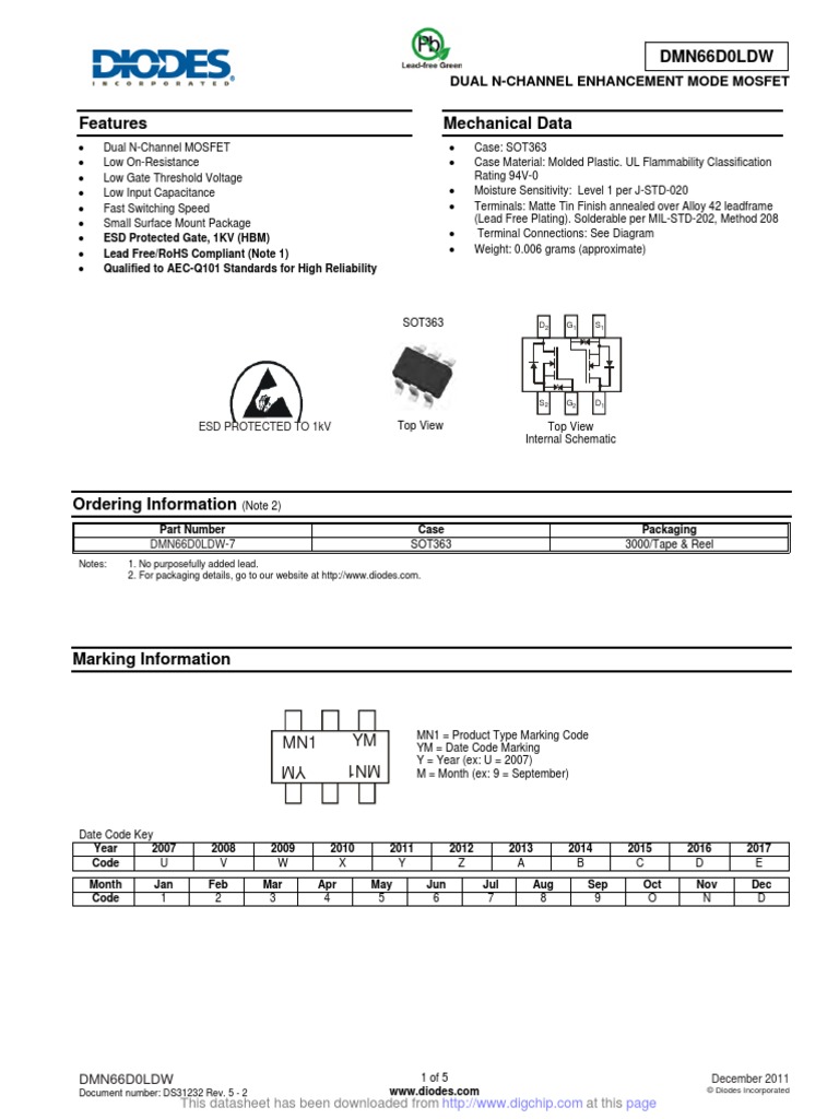 Dmn66D0Ldw: Dual N-Channel Enhancement Mode Mosfet | PDF | Field Effect Transistor | Mosfet