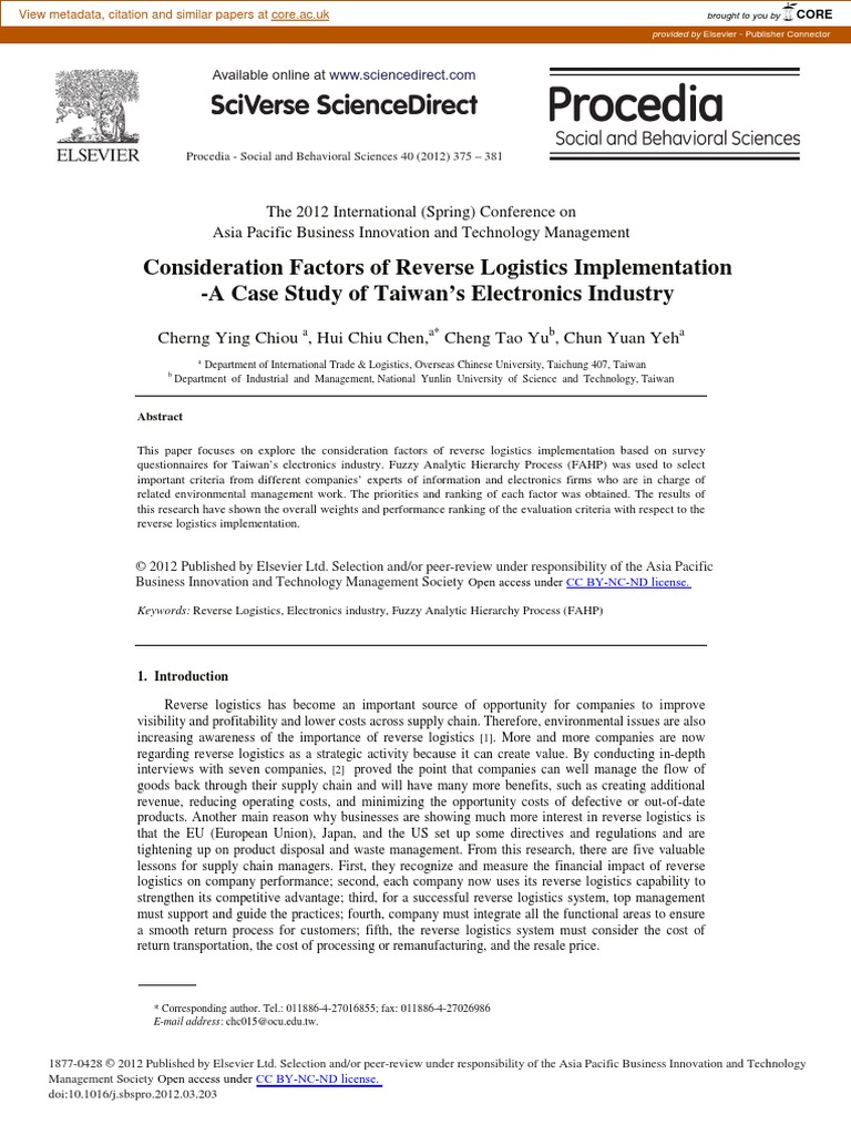 Consideration Factors of Reverse Logistics Implementation - A Case Study of Taiwan's Electronics ...