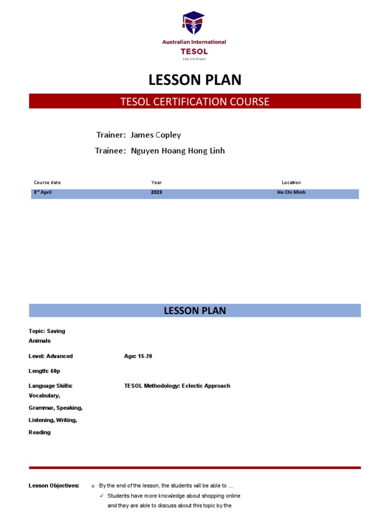 Lesson Plan: Tesol Certification Course | PDF | Grammatical Tense ...