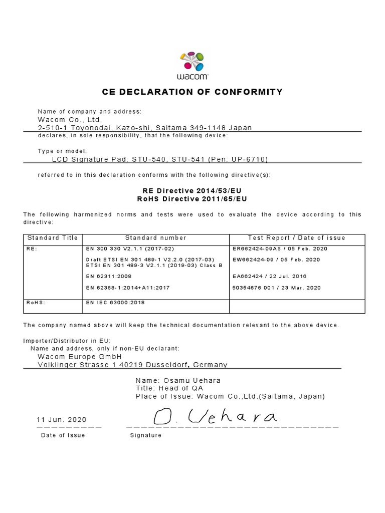Ce Declaration of Conformity: Re Directive 2014/53/eu Rohs Directive ...