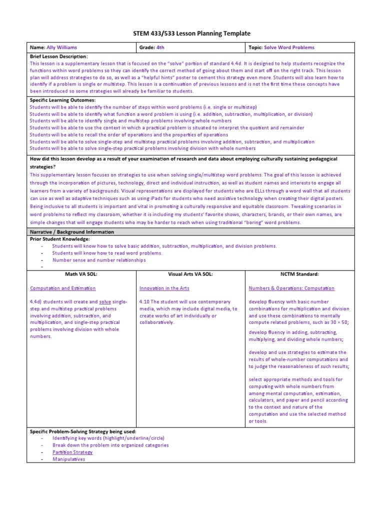 Ally Williams-Lessonplanfinal | PDF | Rubric (Academic) | Multiplication