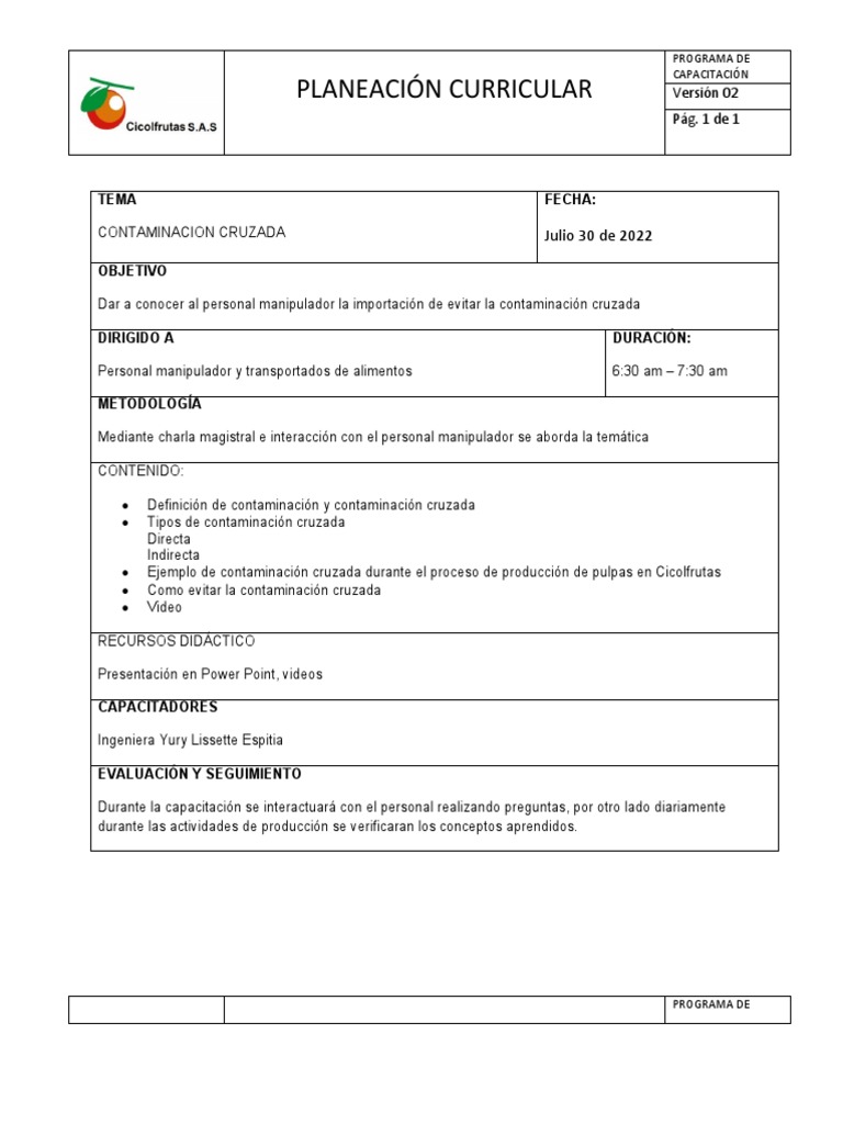 Registros de Capacitación Contaminación Cruzada | PDF