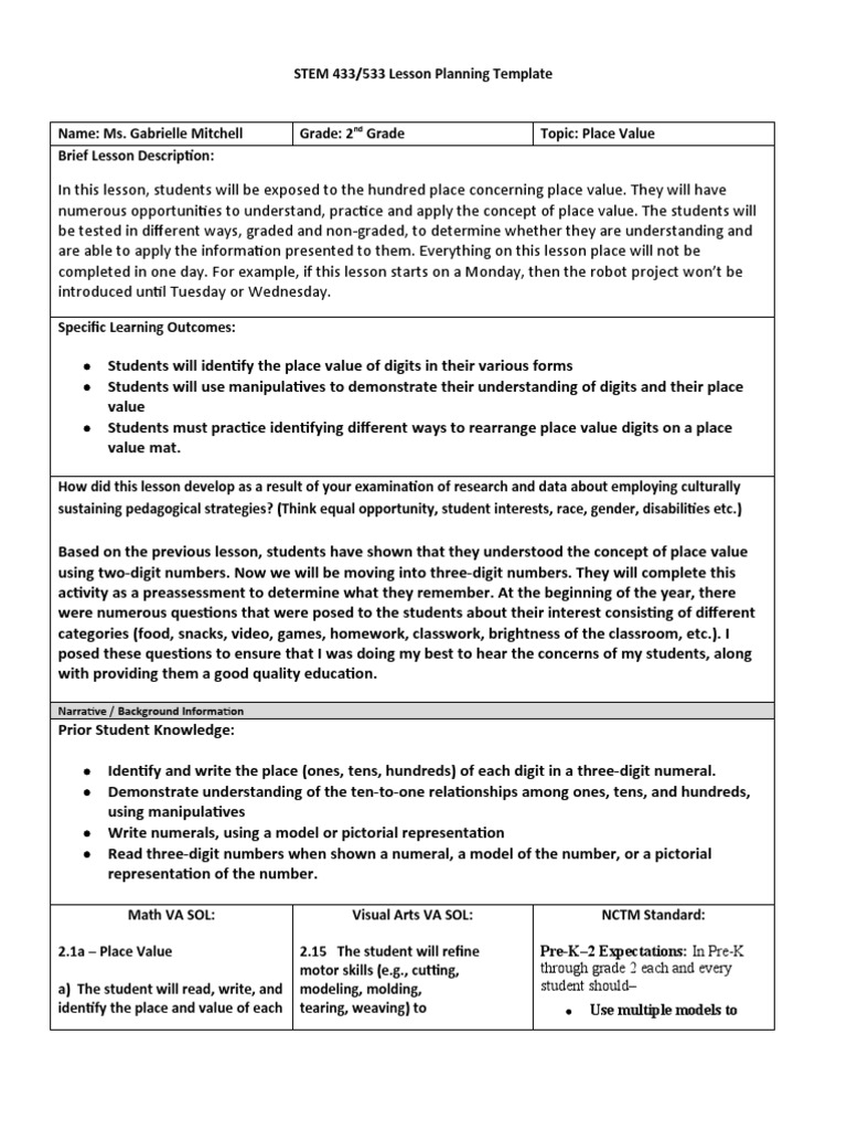 gabrielle mitchell lesson plan final lesson plan | PDF | Learning ...