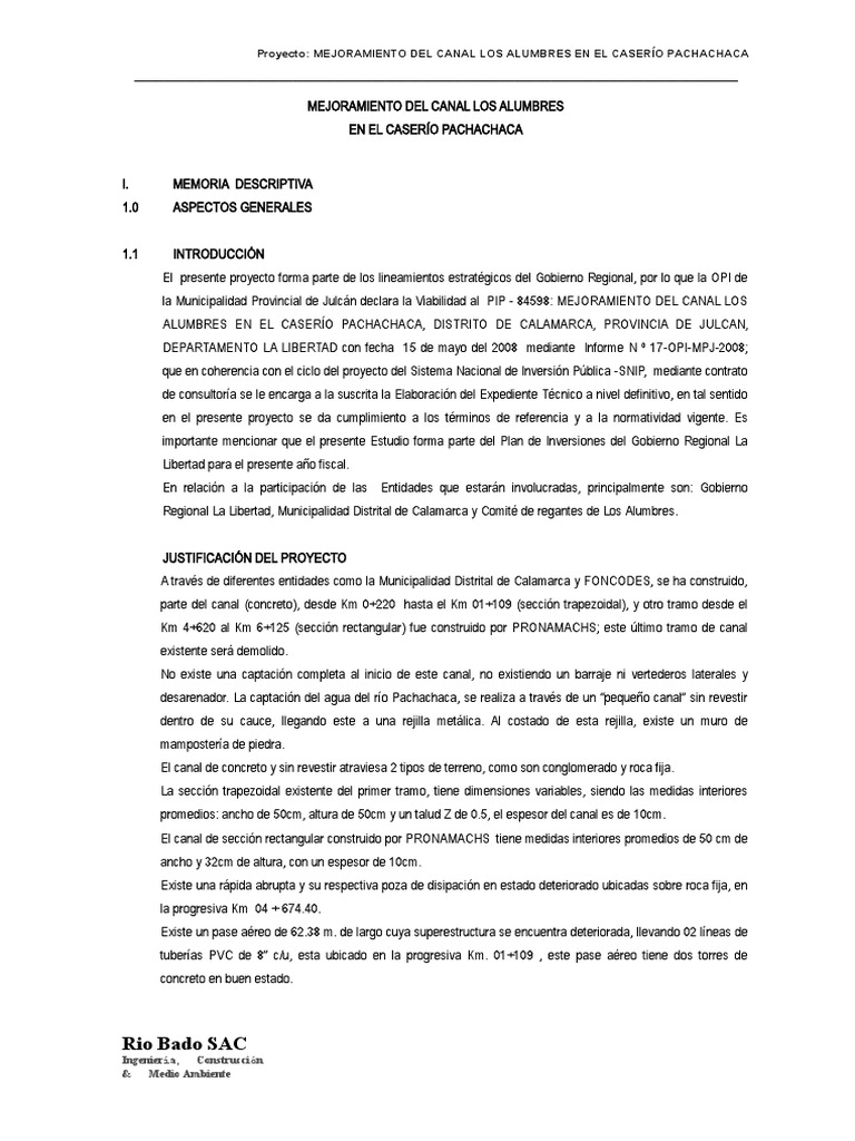 Memoria Descriptiva Canal Los Alumbres | PDF | Riego | Precipitación
