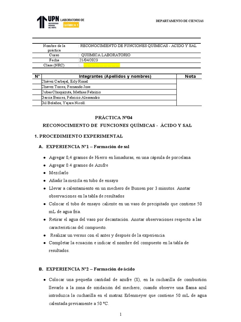 Práctica N°04 Reconocimiento de Funciones Químicas - Ácido Y Sal ...