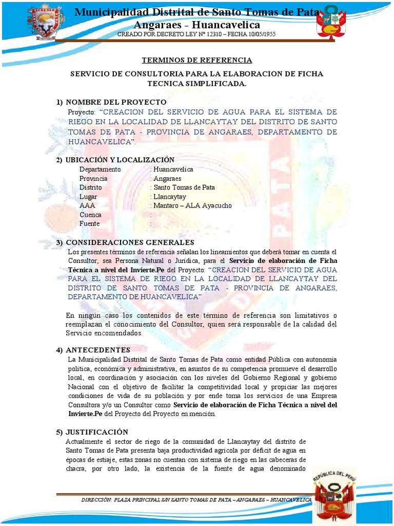Terminos de Referencia Servicio de Consultoria para La Elaboracion de Ficha Tecnica Simplificada ...