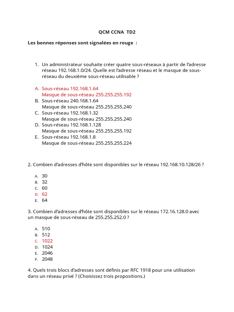 QCM CCNA IP Address TD2 SOLUTION | PDF