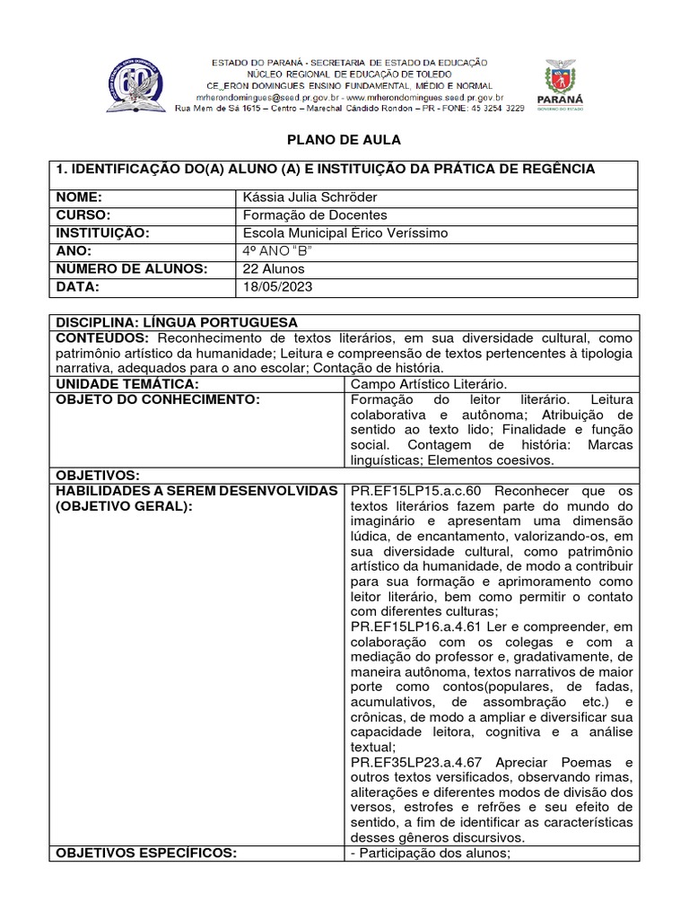 Plano de Aula Língua Portuguesa | PDF