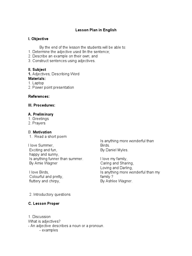 Lesson Plan in English ADJECTIVES | PDF | Adjective | Noun